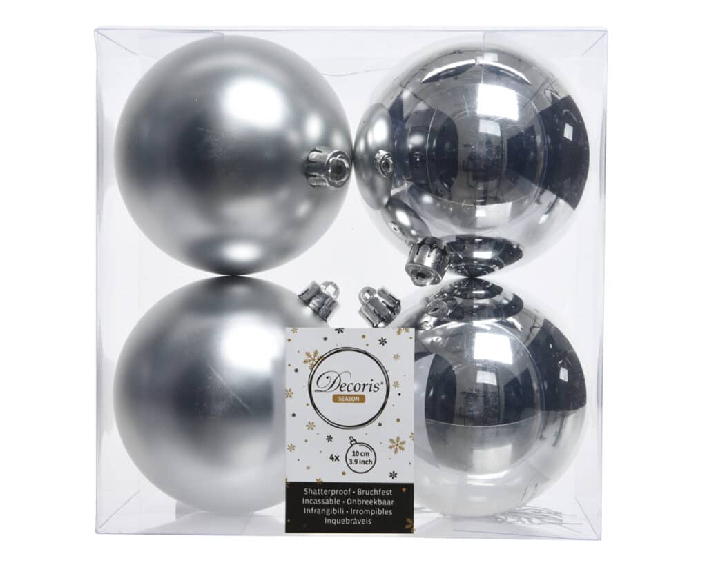 Pack of 4 Silver Christmas Baubles (Diameter 10cm)