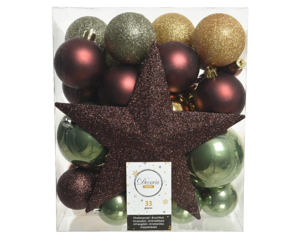Shatterproof Christmas Tree Baubles and Topper - Pack of 33